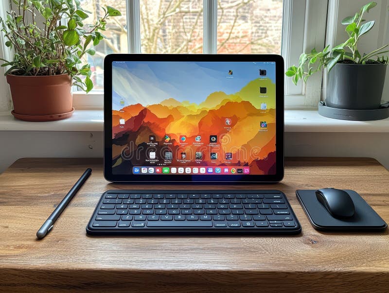 Modern Desk Setup with Tablet and Accessories Stock Illustration ...