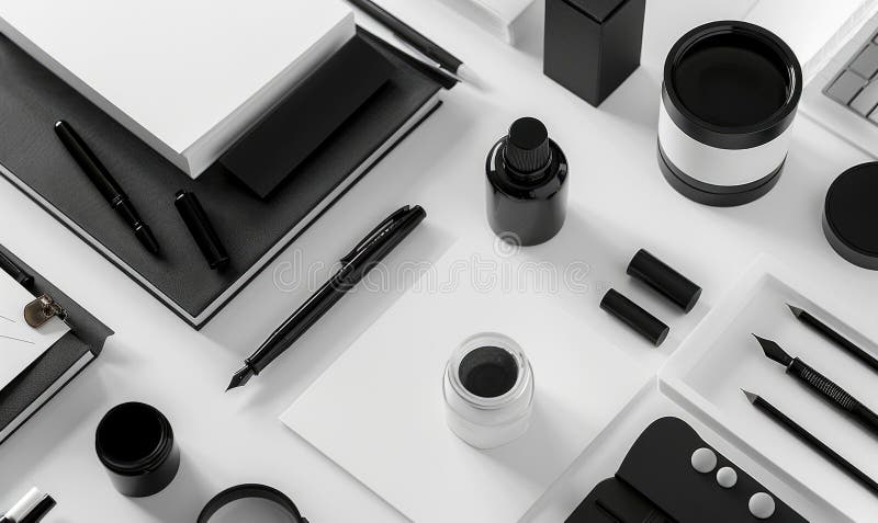 Modern Desk with Sleek Writing Supplies, Top View Stock Image - Image ...