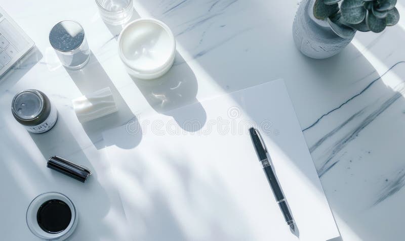 Modern Desk with Sleek Writing Supplies, Top View Stock Image - Image ...