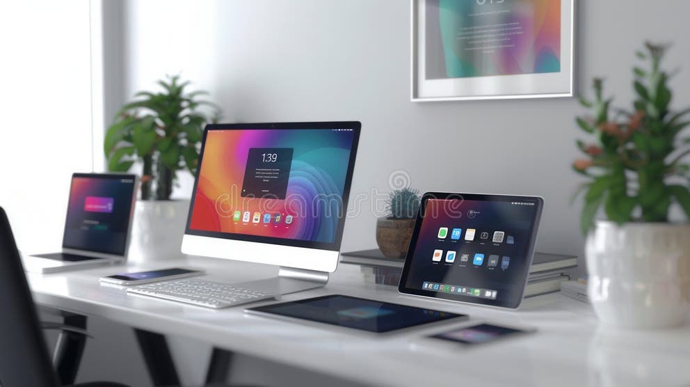A Modern Desk with Three Sleek Laptops and Tablets, Each Displaying ...