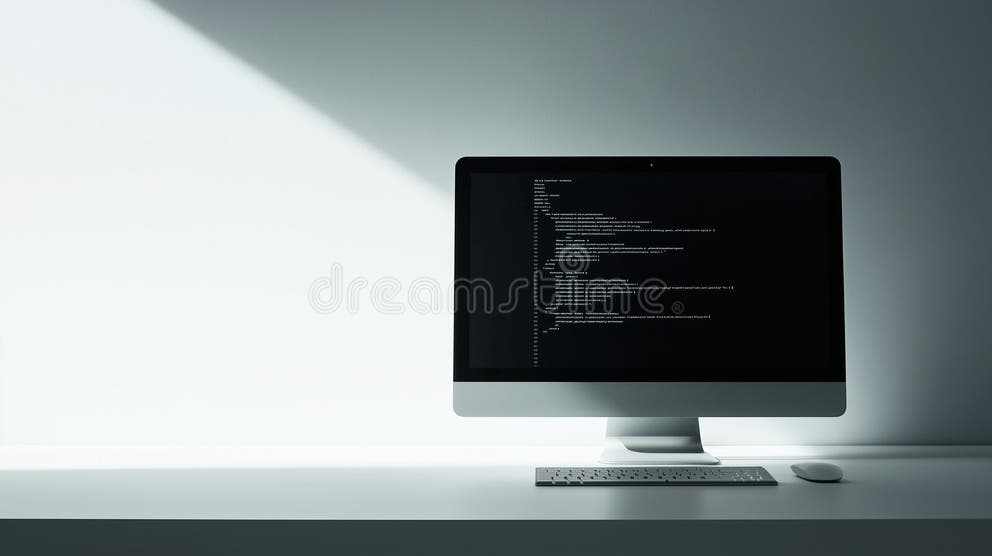 A Modern Desktop Computer with a Black Screen Displaying Lines of Code ...