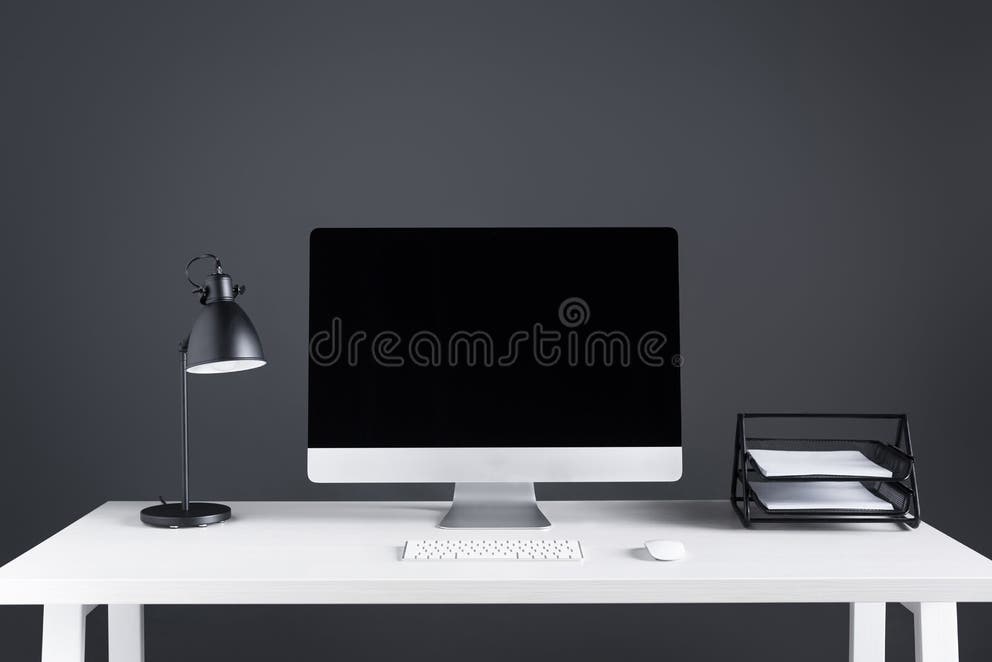 Modern Desktop Computer with Blank Screen, Keyboard and Computer Mouse Stock Photo - Image of ...