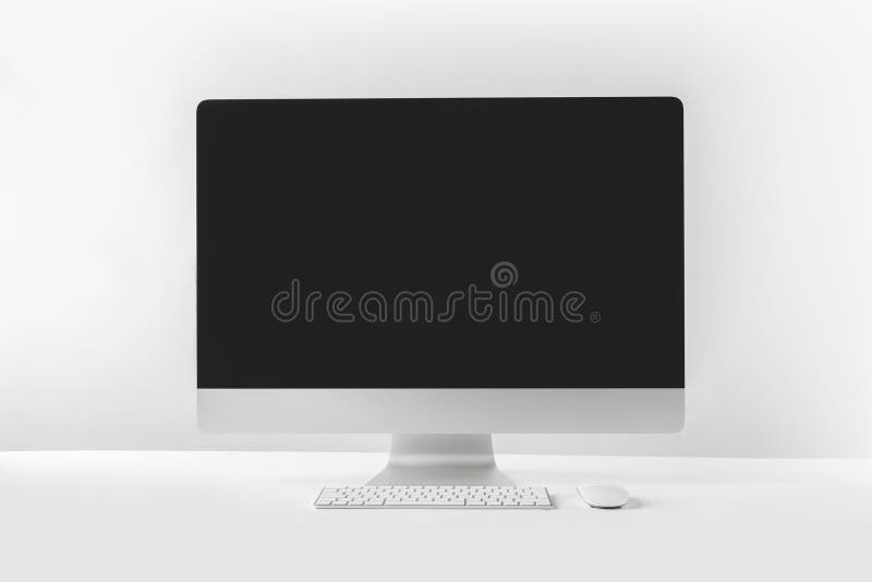 Modern Desktop Computer with Blank Screen and Lamp on Table Stock Image ...