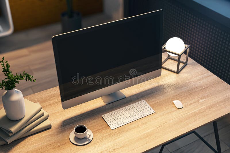 A Modern Desktop Computer with a Blank Screen on a Wooden Desk ... A Modern Desktop Computer with a Blank Screen on a Wooden Desk ...