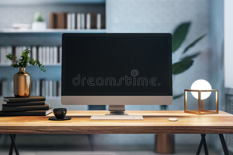 Modern Desktop Computer with a Blank Screen on a Wooden Desk in an ...