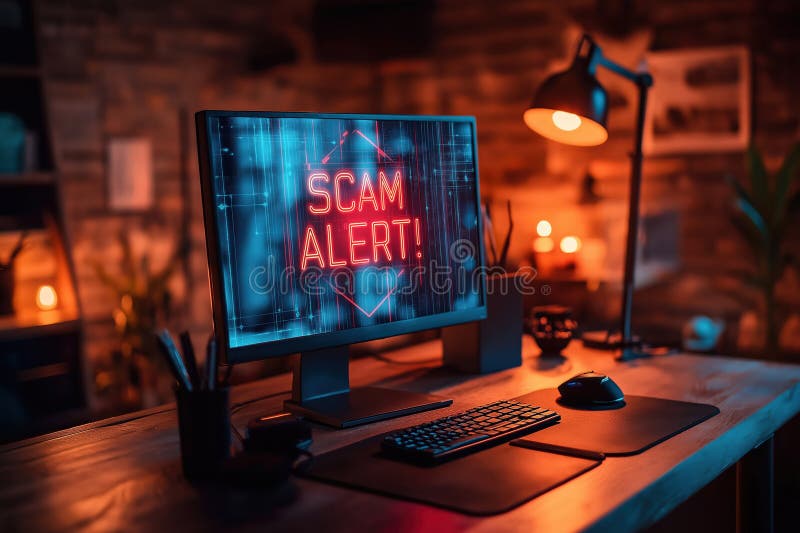 Desktop Computer Displaying Scam Alert Message in a Cozy Workspace at ...