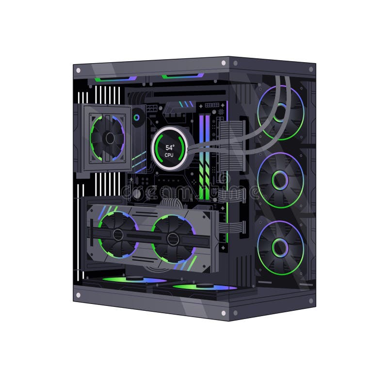 Modern Desktop Computer Case with Different Drives and Components. System or Tower Unit with ...