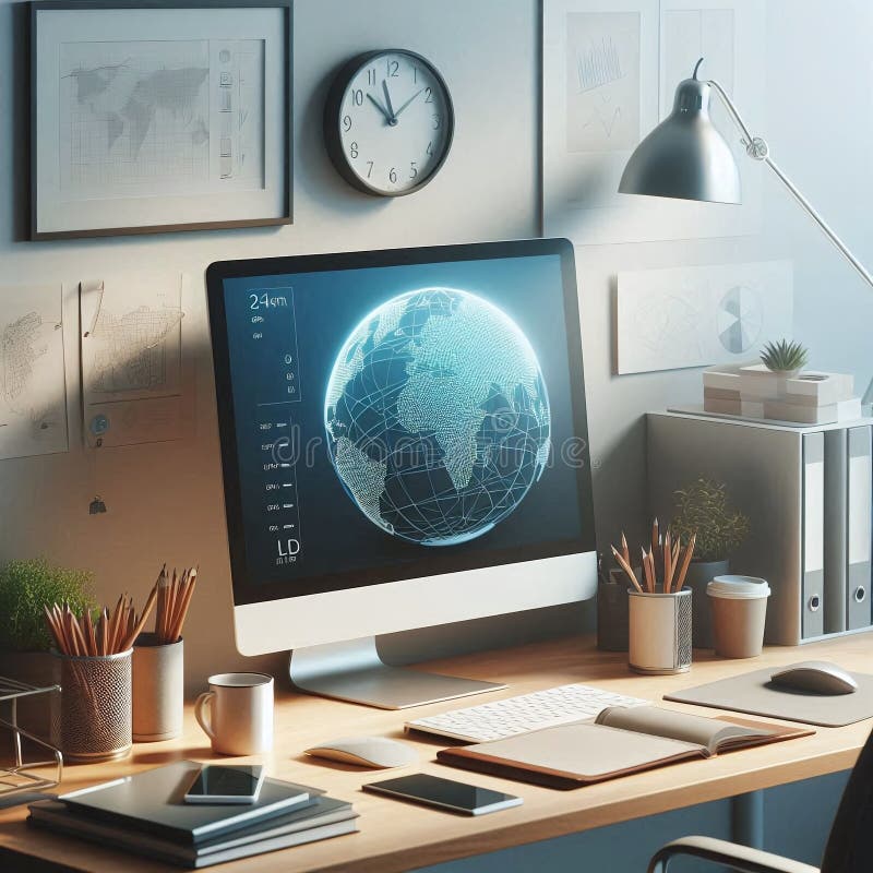 Digital Globe on Desktop Computer in Modern Workspace by Artificial Intelligence Stock ...