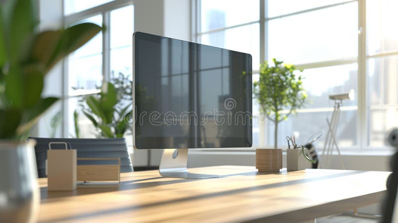 Modern Desktop Computer with Empty Screen on Wooden Desk in a Bright ...