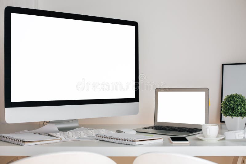 Modern Desktop with Computer and Laptop Stock Photo - Image of laptop ...
