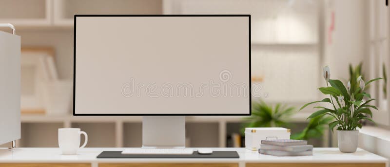 Mockup Desktop Computer Showing White Screen and Copy Space on Studio ...