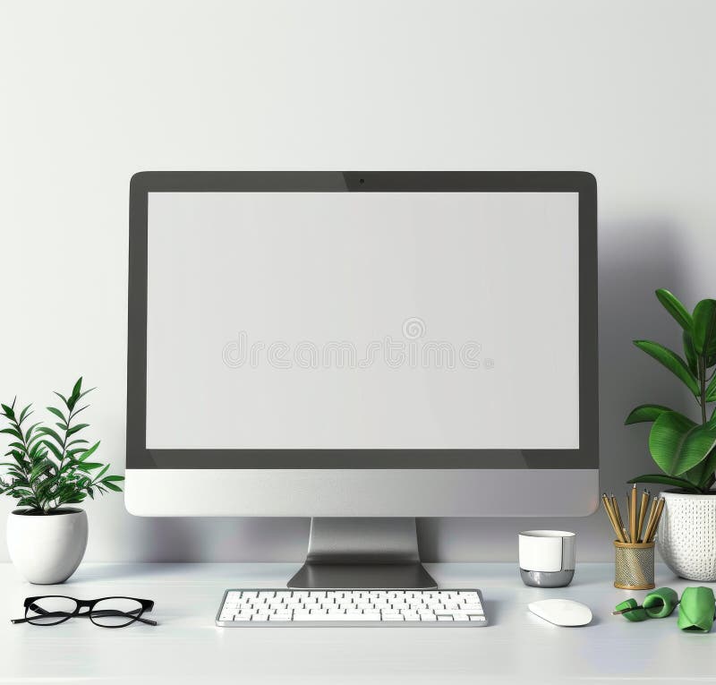 Modern Desktop Computer Monitor with Empty Screen and Keyboard on White ... Modern Desktop Computer Monitor with Empty Screen and Keyboard on White ...