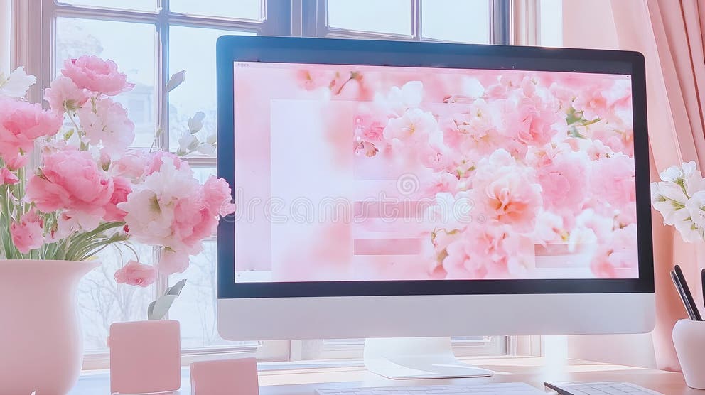Modern Desktop Computer with Pink Floral Wallpaper on Screen in Bright ...