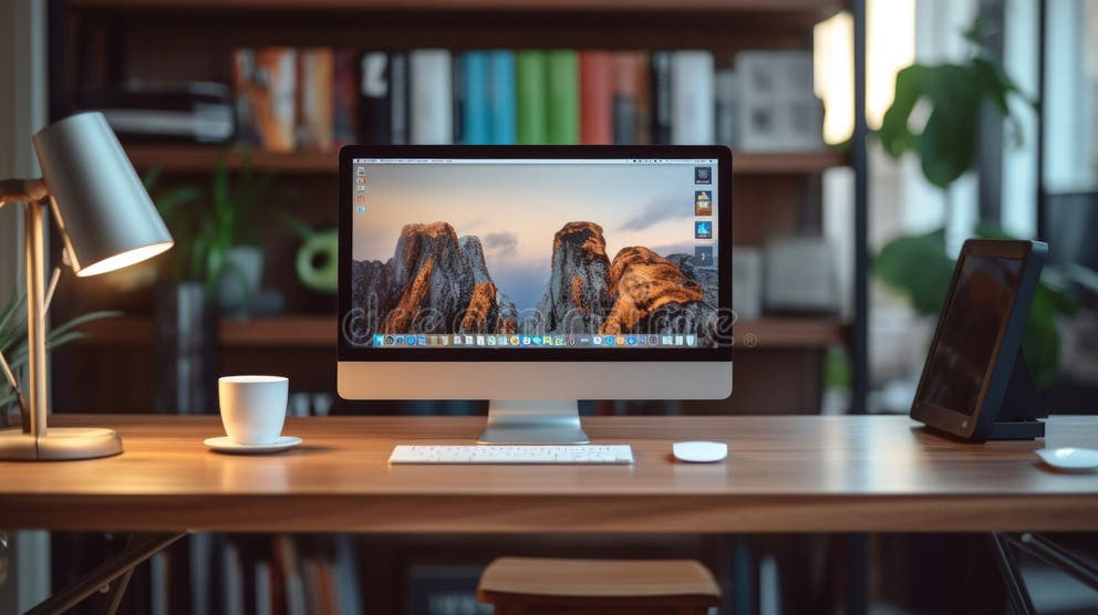 A Modern Desktop Computer on a Rustic Wooden Desk. Ideal for Technology and Workspace Concepts ...