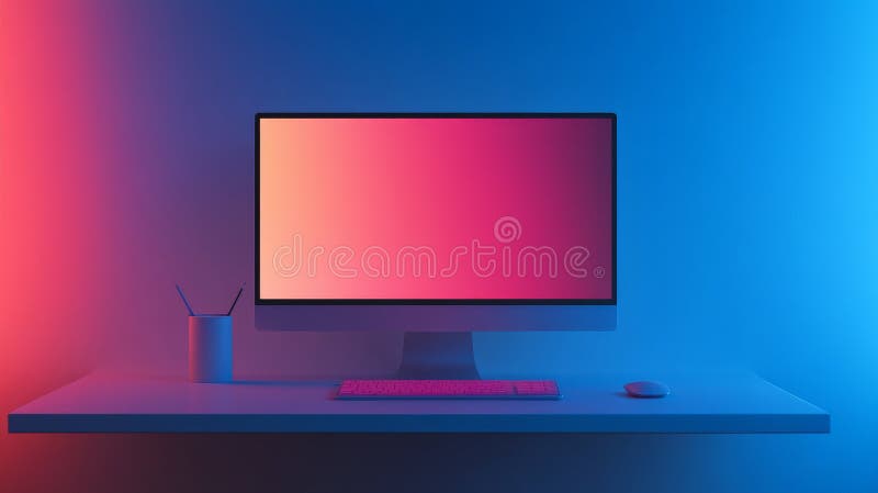 Modern Desktop Computer Showing Gradient Screen in Neon Lighting Setup ...