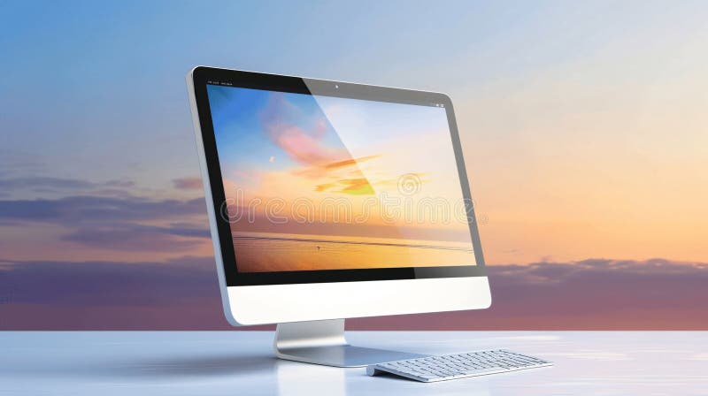 Modern Desktop Computer with Scenic Sunset Background Display Stock ...