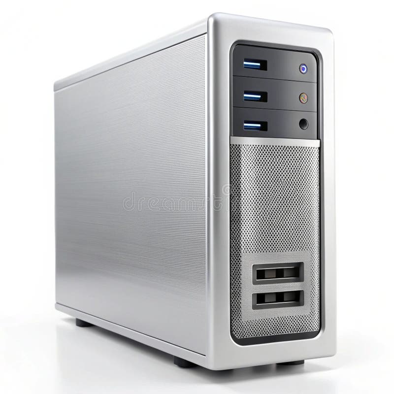 Modern Desktop Computer Tower with USB Ports Isolated on White ...