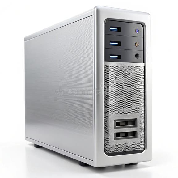 Modern Desktop Computer Tower with USB Ports Isolated on White ...