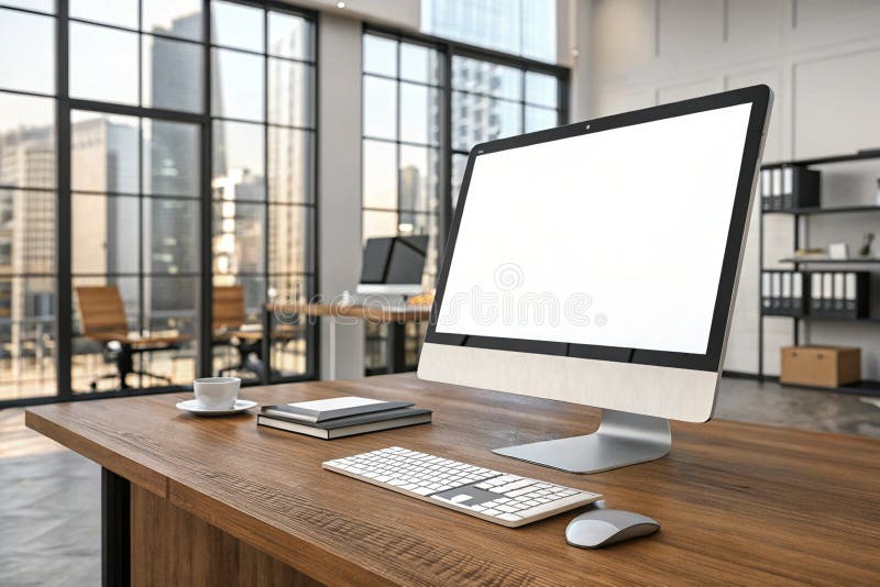 Modern Desktop Computer on Wooden Desk Stock Illustration ...