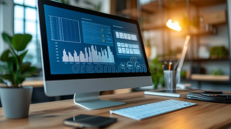 Modern Desktop with Data Analysis Charts on a Computer Screen Stock ...