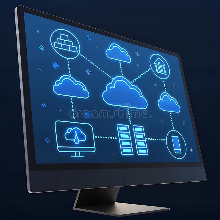 Modern Desktop Display Illustrating Cloud Network Connection, Digital ...