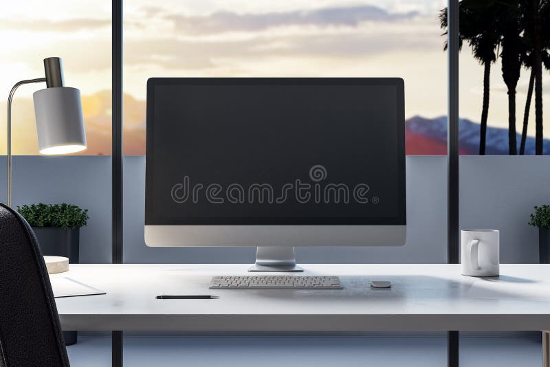 Modern Desktop with Empty Black Computer Screen in Office Interior ...