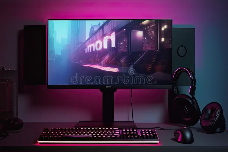 Modern Desktop Gaming Setup Desk Led Lights Background Modern Gaming ...