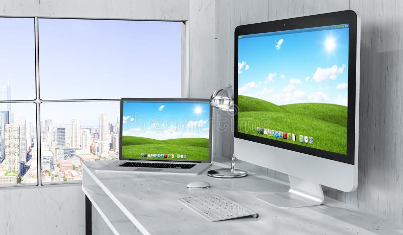 Modern Desktop Interior with Computer and Devices 3D Rendering Stock ...