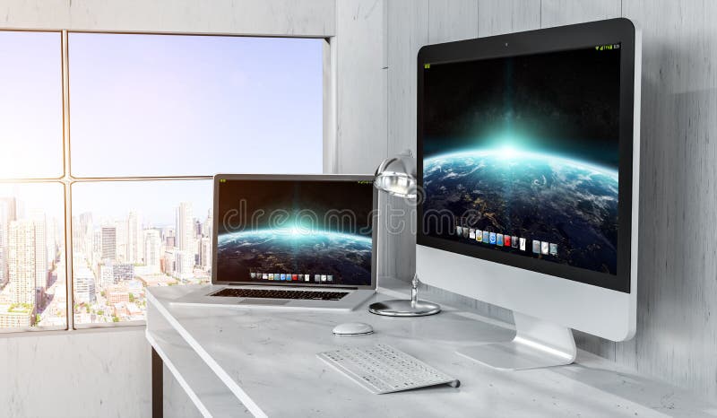 Modern Desktop Interior with Computer and Devices 3D Rendering Stock ...