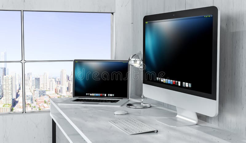 Modern Desktop Interior with Computer and Devices 3D Rendering Stock ...