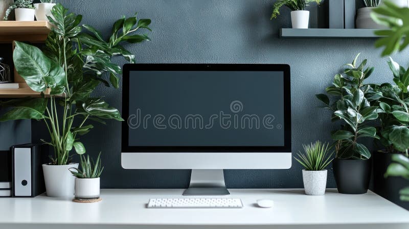 Modern Desktop Monitor with Thin Bezel Surrounded by Lush Greenery ...