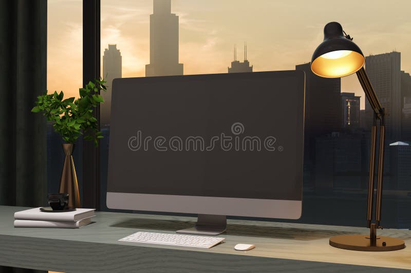 Modern Desktop Setup with Computer and Lamp in Office at Sunset. 3D ...