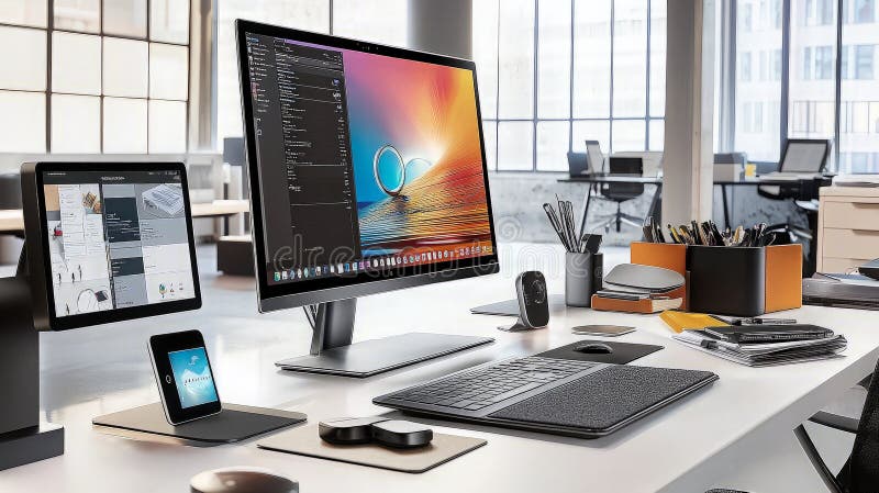 Modern Desktop Setup with Desktop Computer, Tablet and Smartphone ...