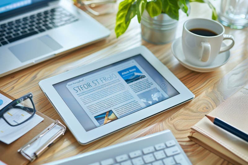 Modern Desktop Setup with Tablet Pc Displaying Latest News Headlines on ...