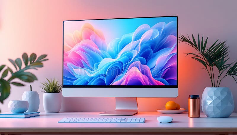 Modern Desktop Setup with Vibrant Abstract Wallpaper Stock Illustration ...