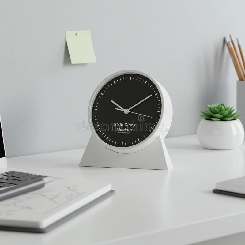 A Modern Desktop Setup with a White Triangular-base Clock Featuring a ...