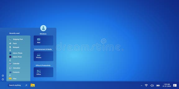 Modern Desktop with Start Menu and Programs on Screen in Blue Color ...