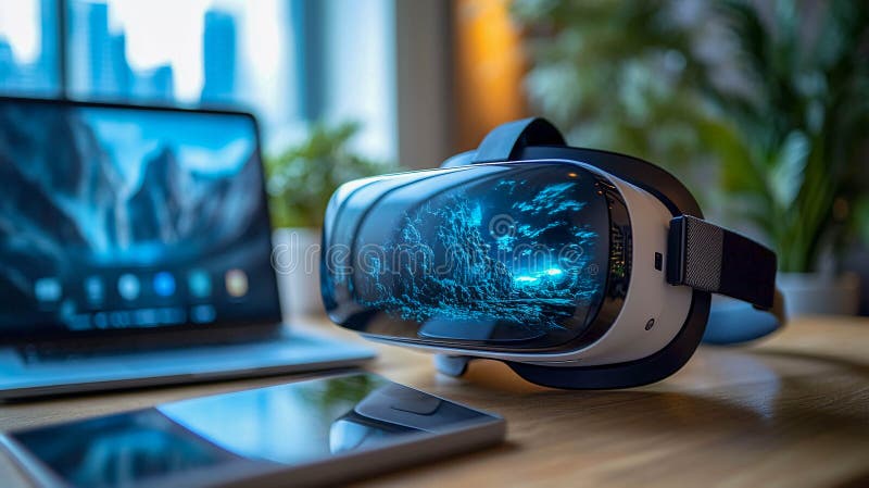 A Modern Desktop with Technological Devices. Virtual Reality Headset ...