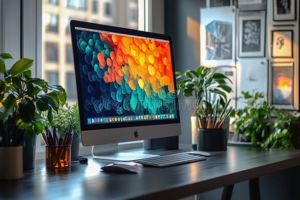 Modern Desktop with Vibrant Screen in a Creative Workspace Stock Photo ...