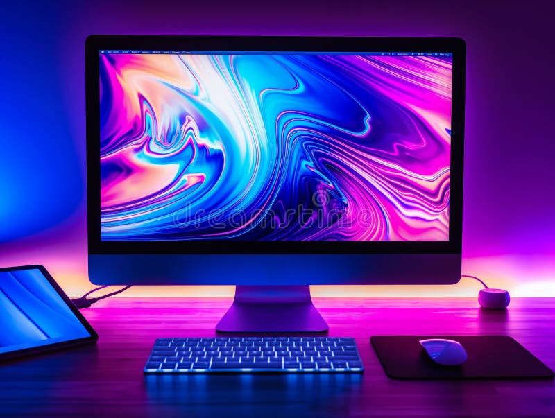 Modern Desktop with Vibrant Screen and Neon Lighting Stock Image ...