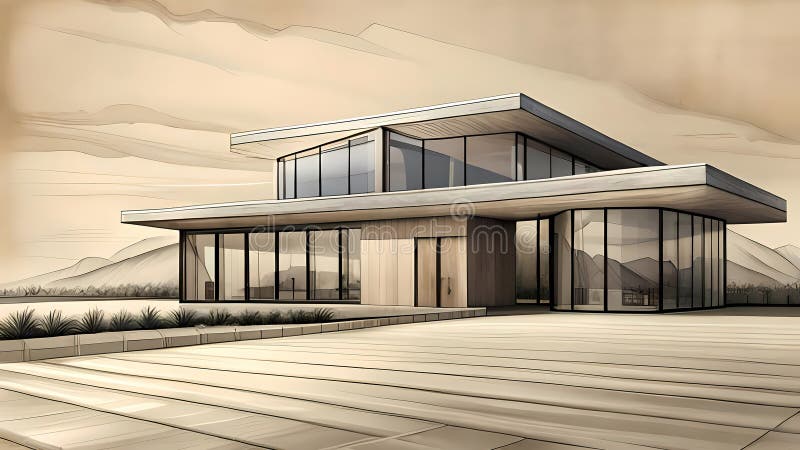 Modern Detached Building with Panoramic Windows Stock Illustration ...