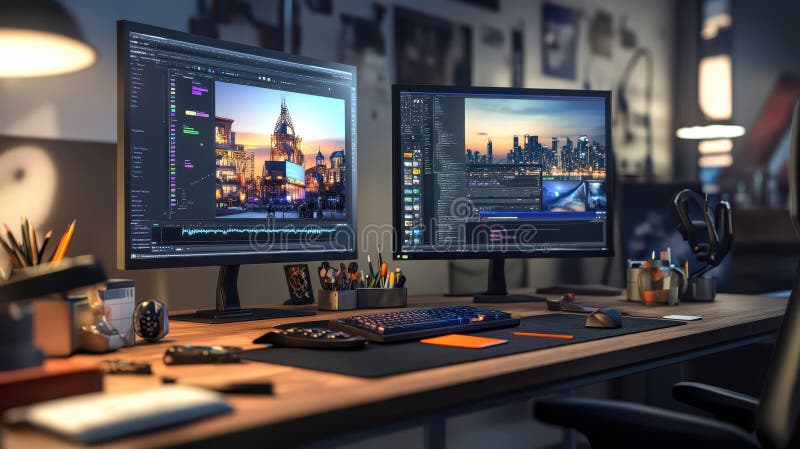 Modern Developer Workspace with Dual Monitors and Coding Screens Stock ... Modern Developer Workspace with Dual Monitors and Coding Screens Stock ...