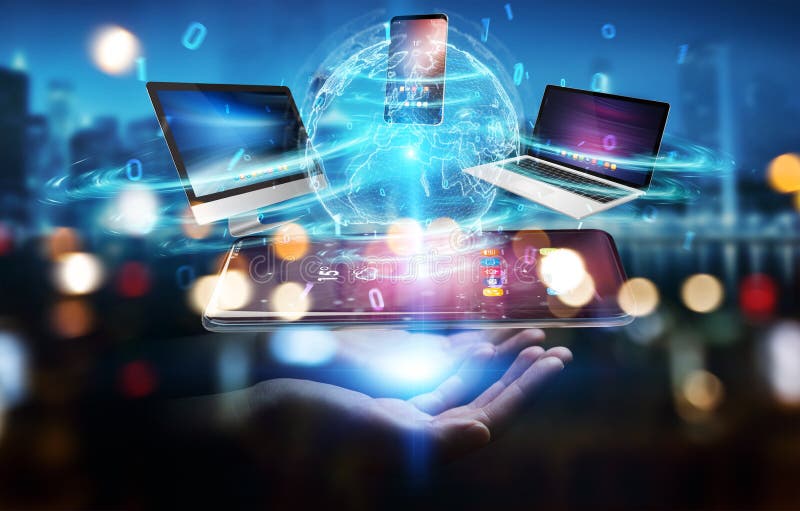 Modern Devices Connected in Businesswoman Hand 3D Rendering Stock ...