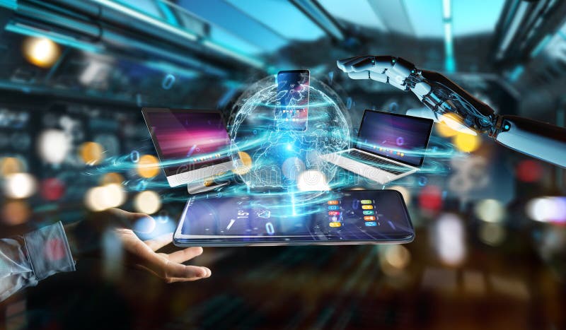 Modern Devices Connected in Robot Hand 3D Rendering Stock Illustration ...