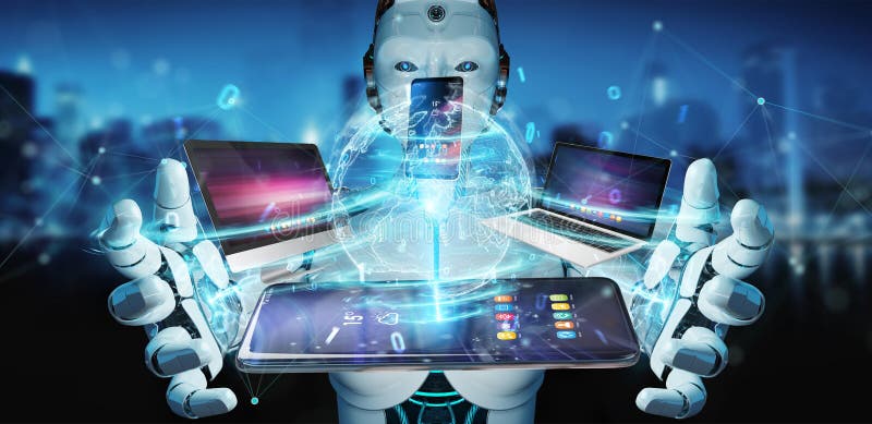 Modern Devices Connected in Robot Hand 3D Rendering Stock Illustration ...