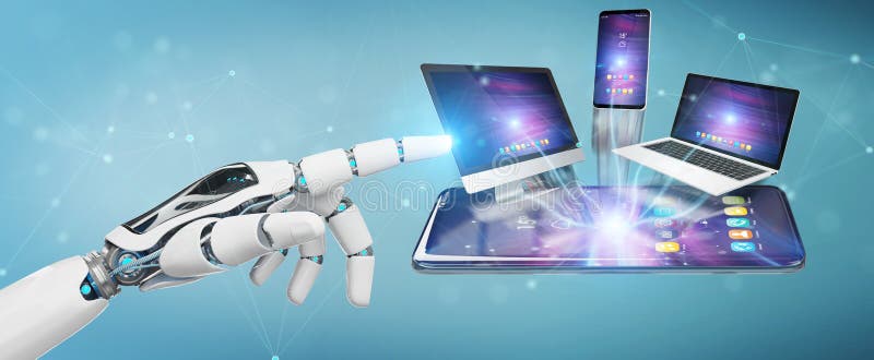Modern Devices Connected in Robot Hand 3D Rendering Stock Illustration ...