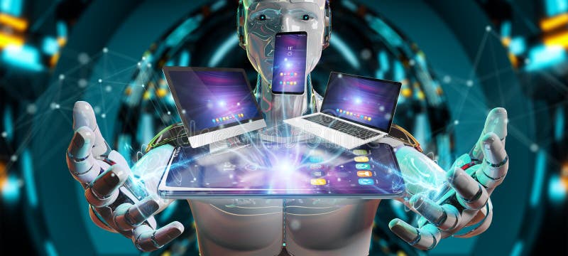 Modern Devices Connected in Robot Hand 3D Rendering Stock Illustration ...