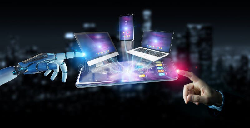 Modern Devices Connected in Robot Hand 3D Rendering Stock Illustration ...