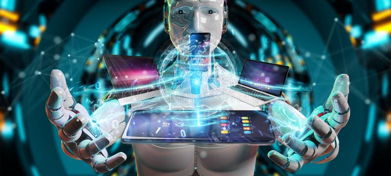 Modern Devices Connected in Robot Hand 3D Rendering Stock Illustration ...