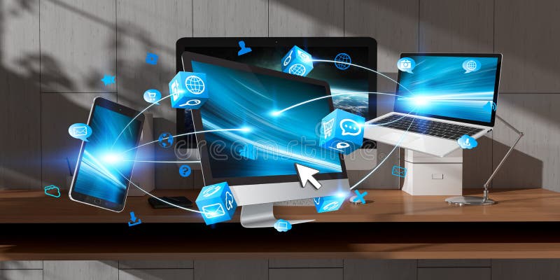 Modern Devices on Desktop Interior 3D Rendering Stock Illustration ...